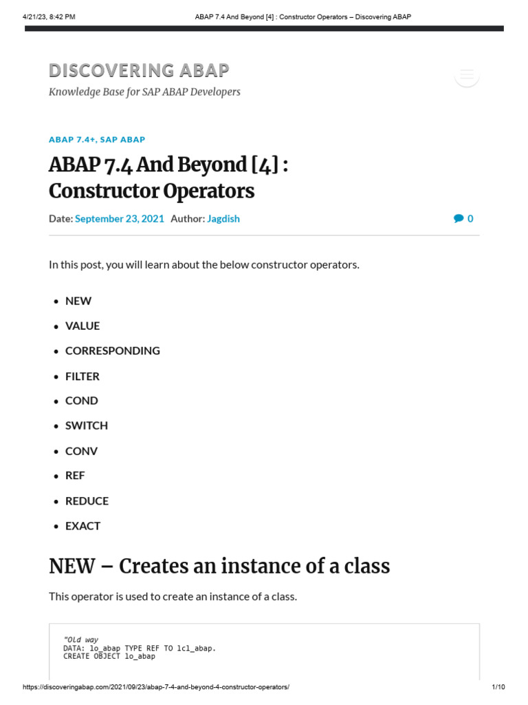 ABAP 7.4 and Beyond (4) - Constructor Operators - Discovering ABAP | PDF | Constructor (Object ...