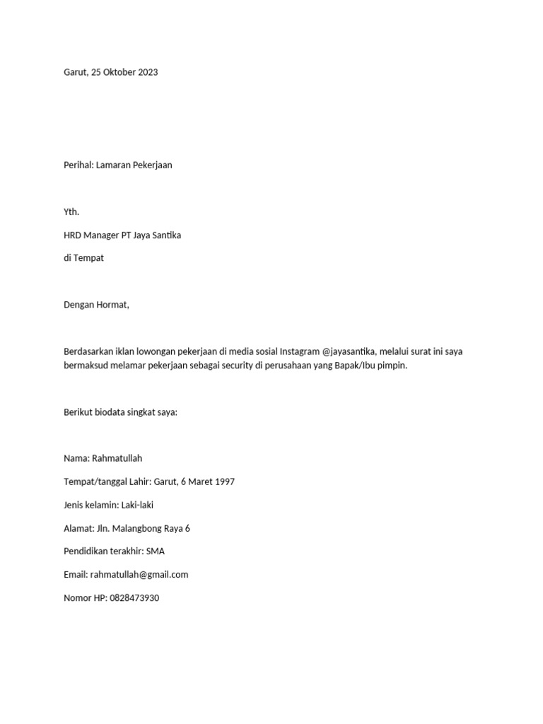 Surat Lamaran Pekerjaan Security | PDF