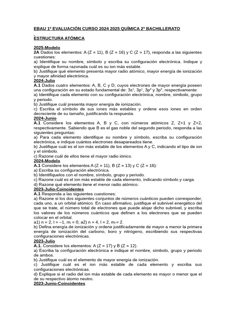 Ejercicios EBAU Química 1º Evaluacion | PDF | Enlace químico | Compuestos químicos