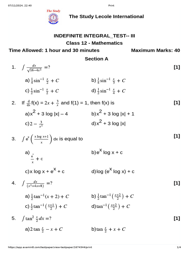 Indefinite Integrals - TEST - 3 | PDF | Mathematics