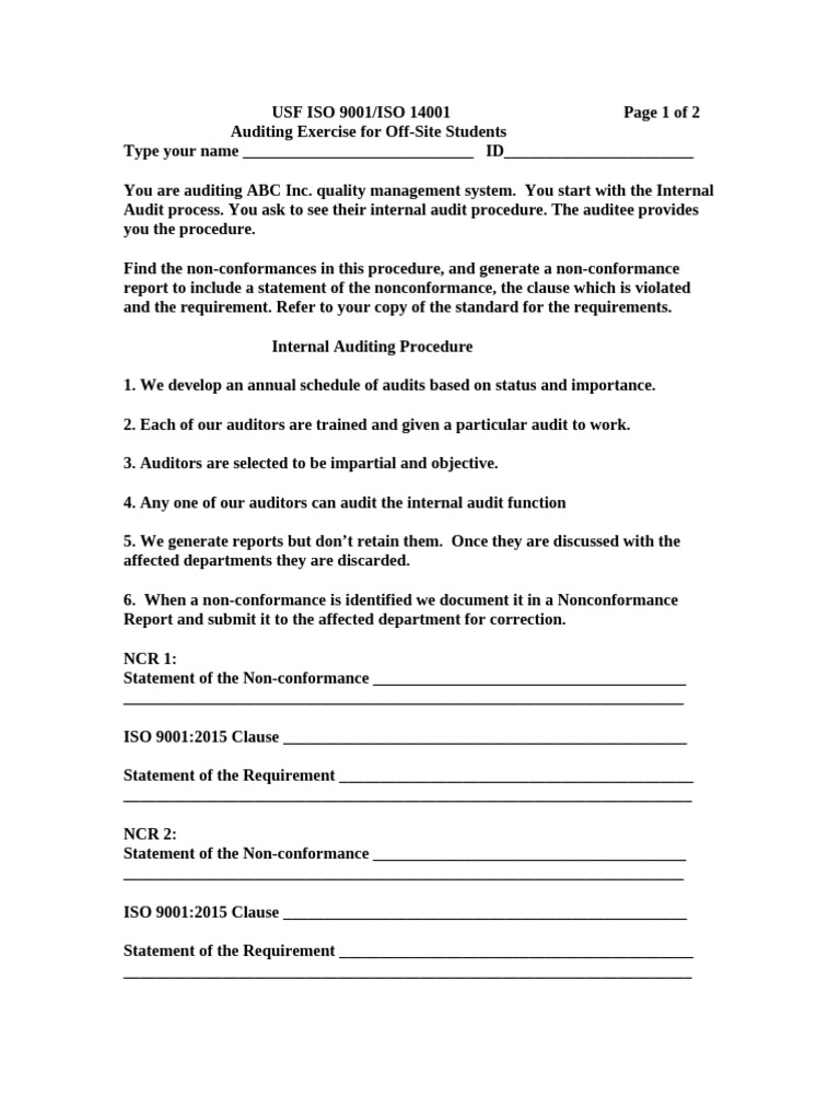 ISO Audit Exercise for Students | PDF | Audit | Iso 9000