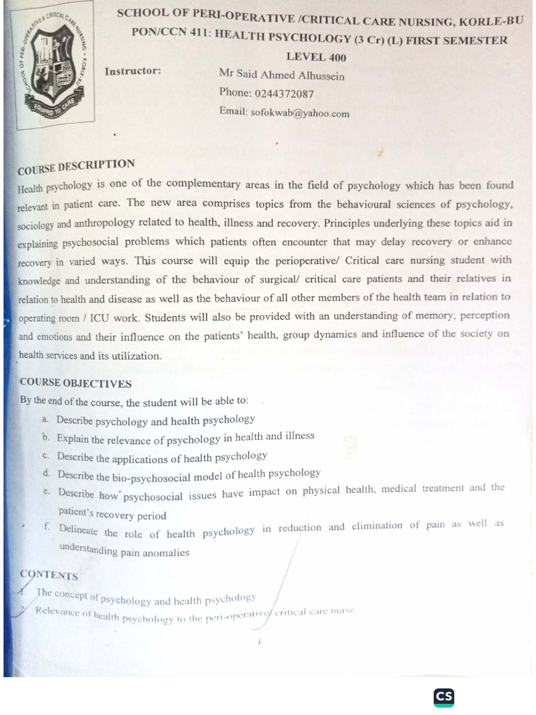 Health Psychology Course Outline | PDF