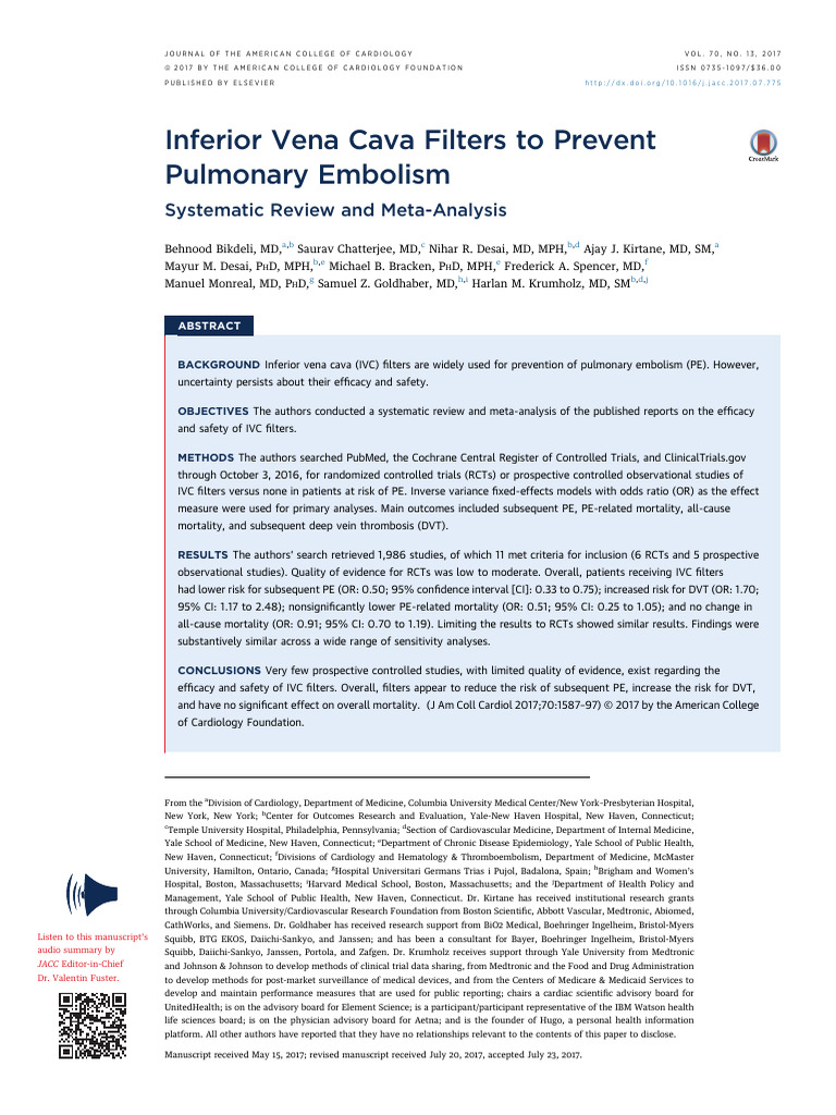 Bikdeli Et Al 2017 Inferior Vena Cava Filters To Prevent Pulmonary ...