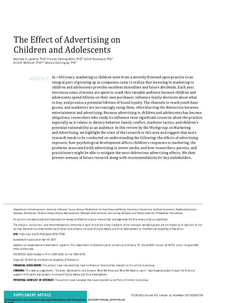 The Effect of Advertising On Children and Adolescents | PDF