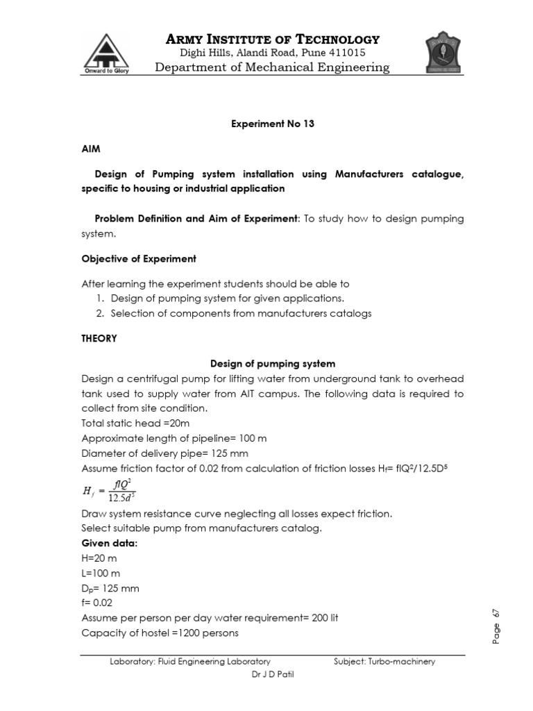 Expt 11 - Design of Pumping System Installation Using Manufacturers ...