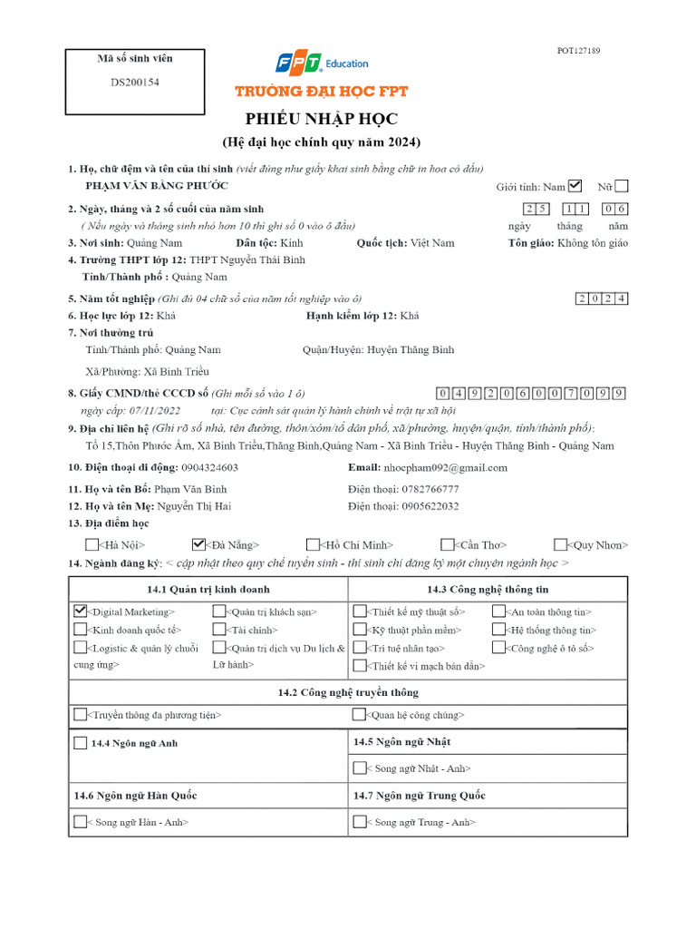 Phieu Nhap Hoc 049206007099 | PDF