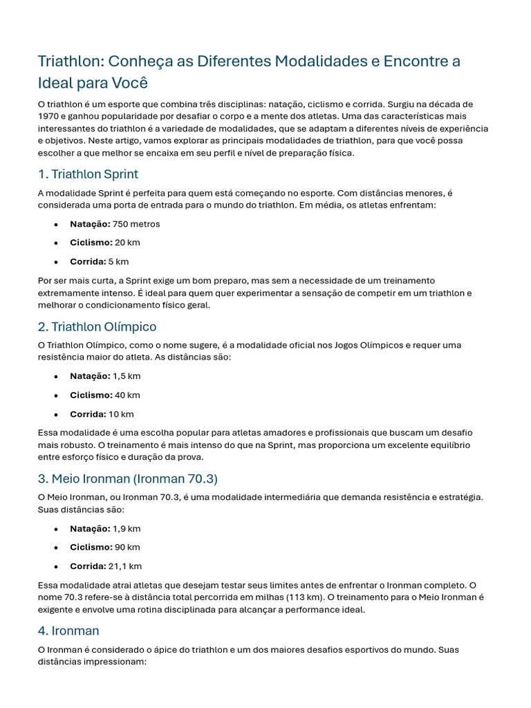 Modalidades de Triathlon: Escolha a Sua | PDF | Triatlo Ironman | Triatlo