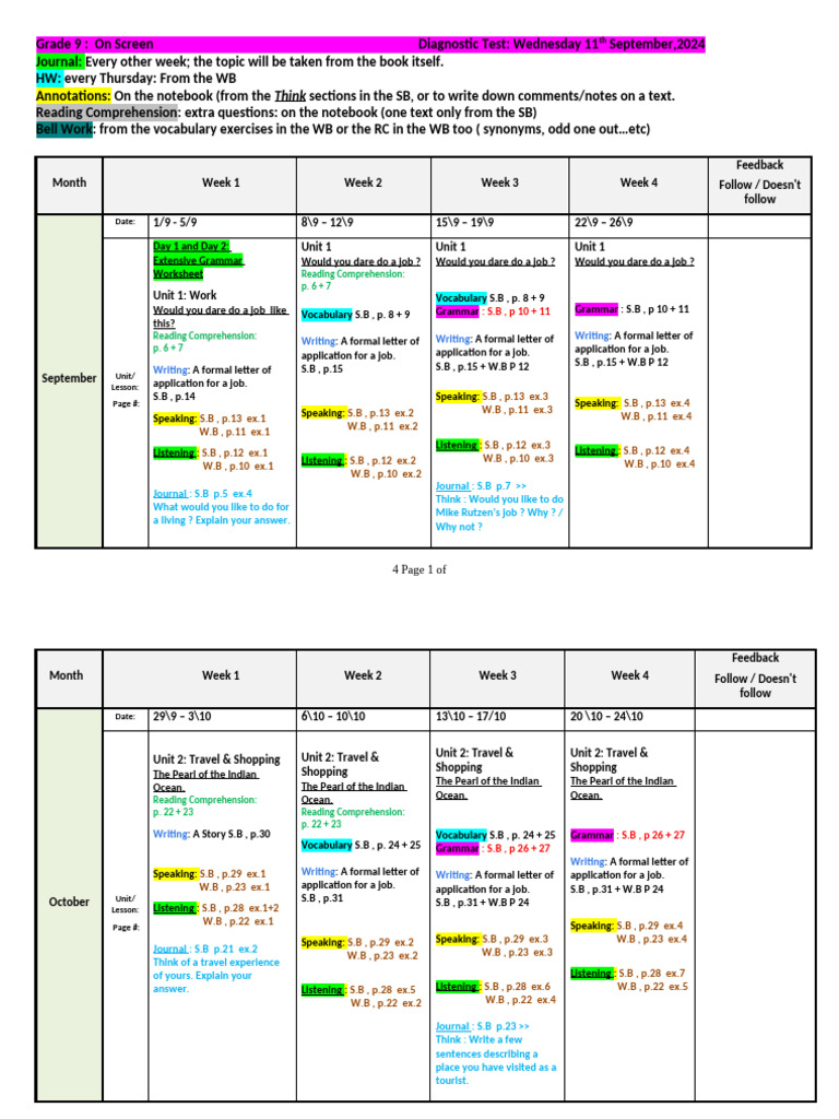 On Screen-Pacing Guide Grade 9 2024 | PDF | Reading Comprehension ...