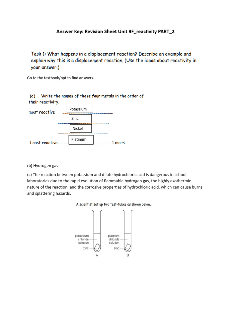 Answer Key Reactivity Worksheet PART 2 (Unit 9F) | PDF