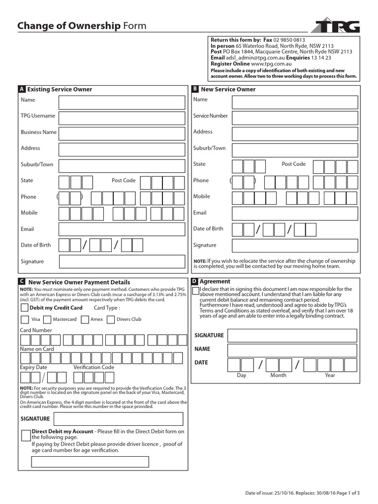 TPG Change of Ownership Form | PDF | Debit Card | Credit Card