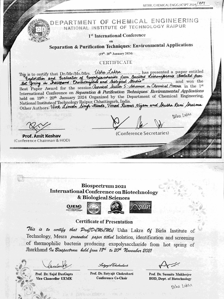 Miscellaneous Certificate Usha Lakra New | PDF | Microorganism Miscellaneous Certificate Usha Lakra New | PDF | Microorganism