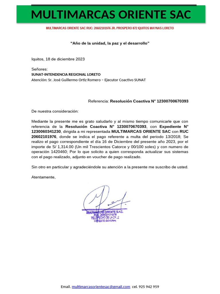 Carta Sunat Pago de Multa | PDF