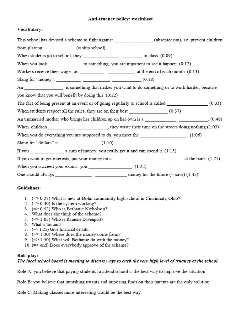 06 Truancy Worksheet | PDF | Business | Teaching Methods & Materials