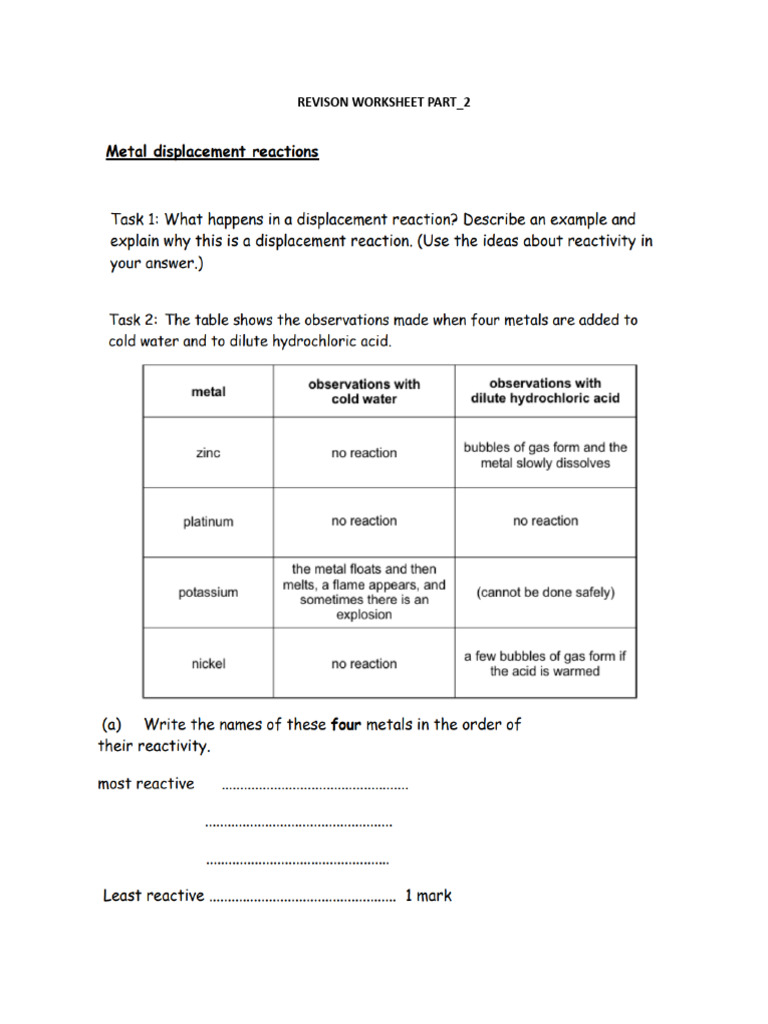Revision Sheet Part 2 9F Reactivity | PDF