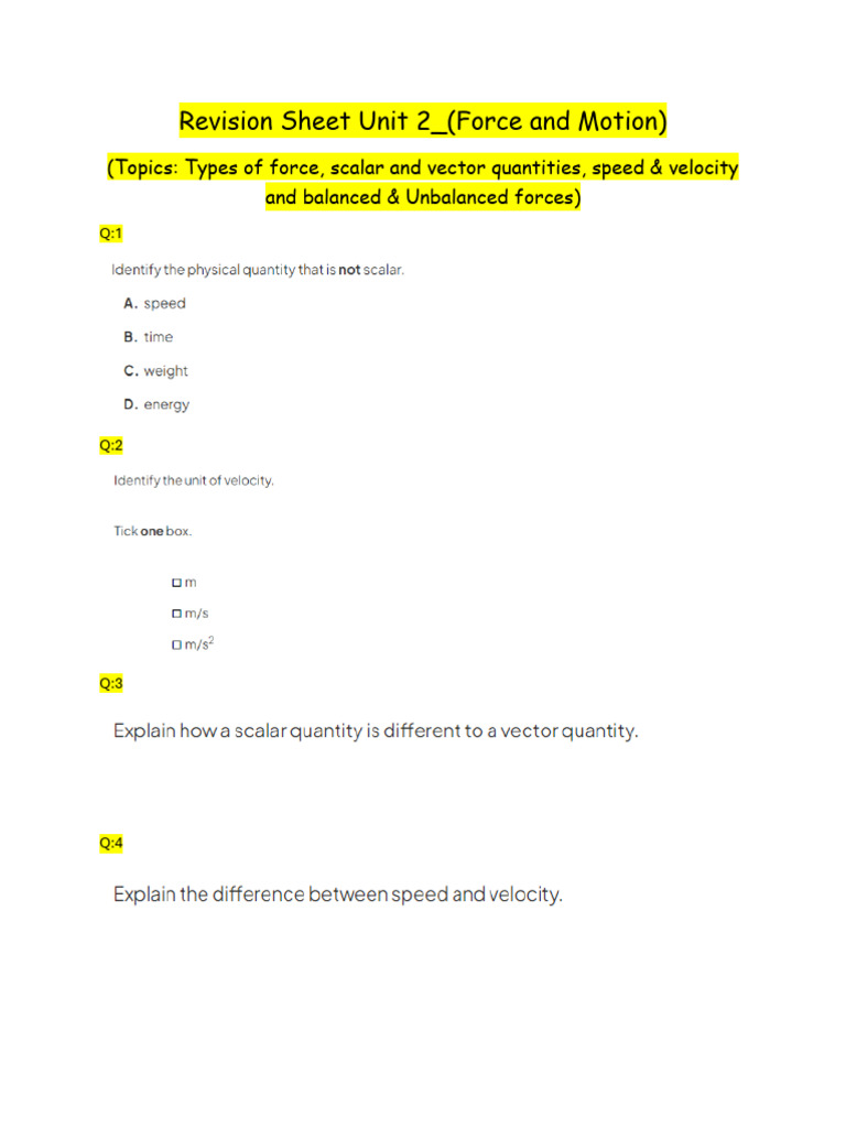 Revision Sheet Unit 2 (Force and Motion) | PDF | Teaching Methods & Materials