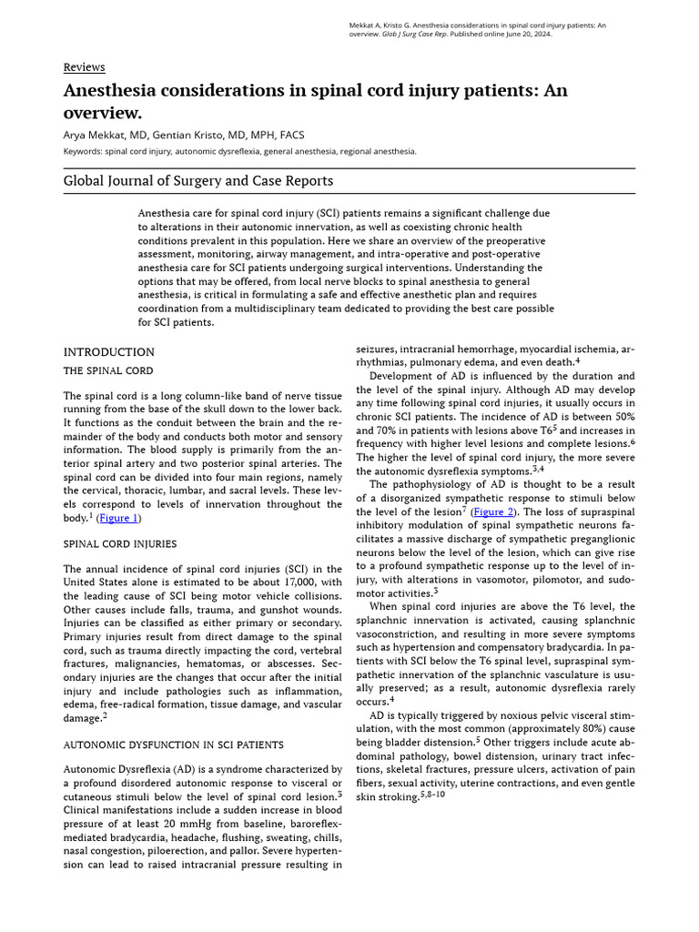 Anesthesia Considerations in Spinal Cord Injury Patients An Overview ...