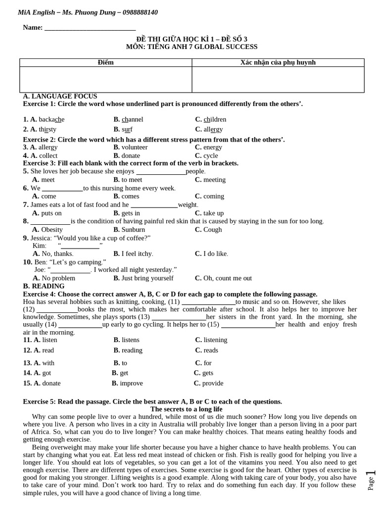 De Thi Giua Ki 1 Tieng Anh 7 Global Success de So 3 1664952505 | PDF | Healthy Diet