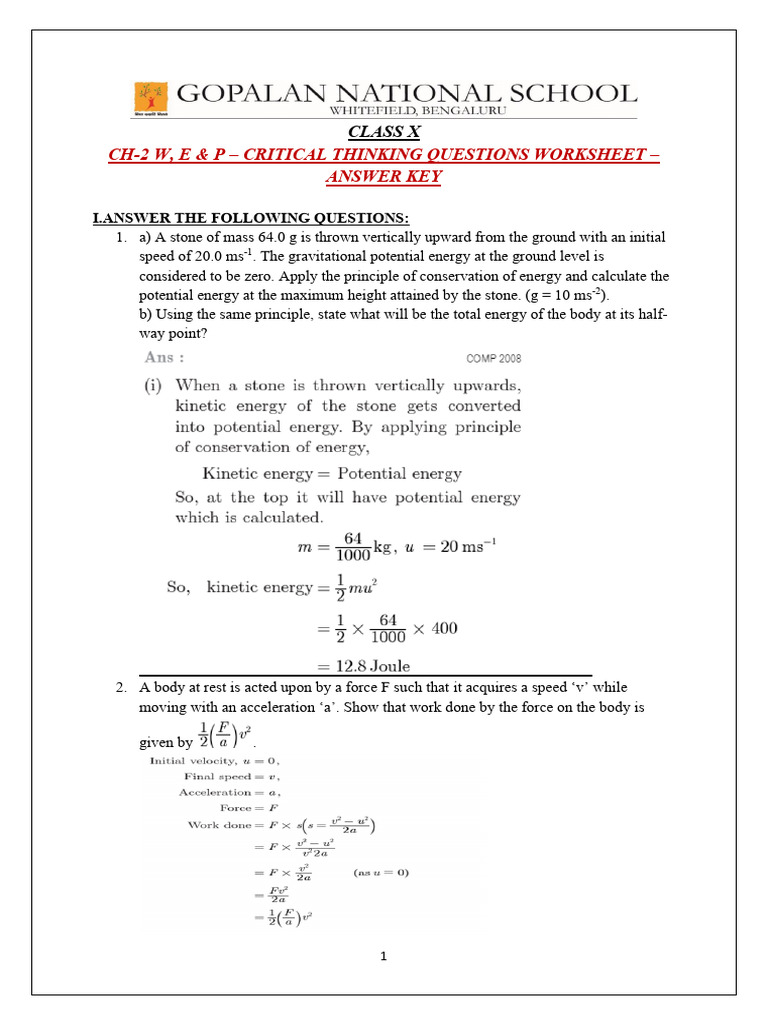 CH-2 W, e & P CFQ Revision Worksheet Answer Key | PDF | Force | Potential Energy