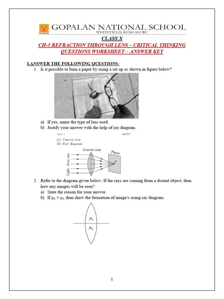 CH-5 Refraction Through Lens Answer Key CFQ Revision Worksheet | PDF ...
