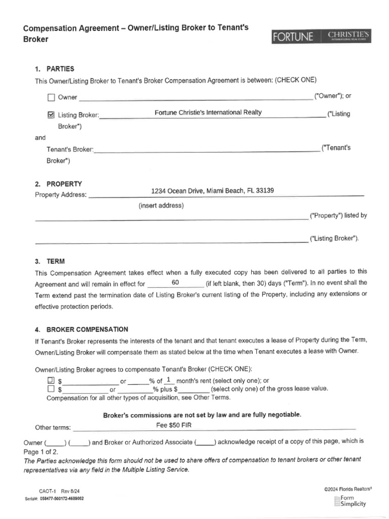 Compensation Agreement Owner Listing Broker To Tenants | PDF