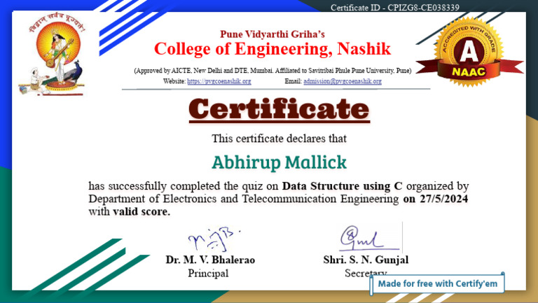 Certificate For Abhirup Mallick For - Online Quiz On - Data Struct... | PDF