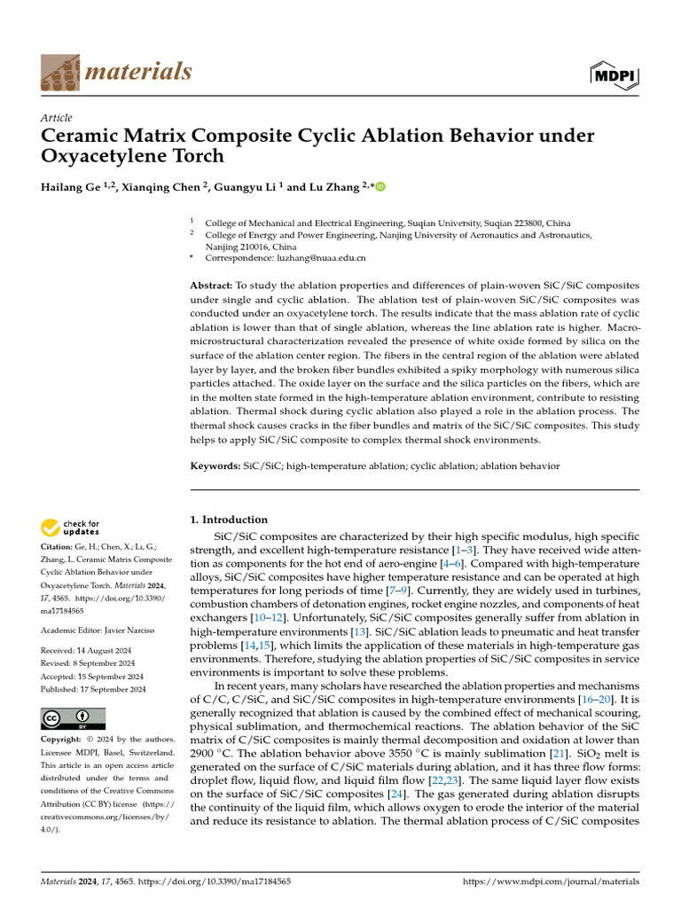 Ceramic Matrix Composite Cyclic Ablation Behavior | PDF | Composite ...