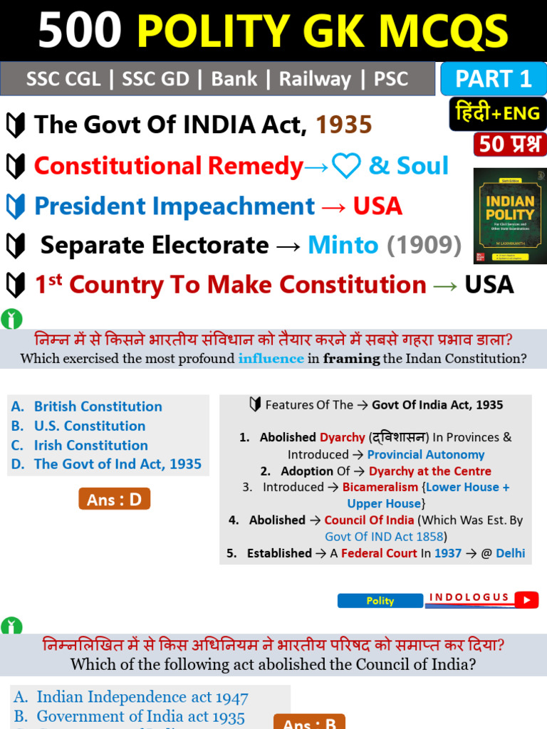 Polity MCQs for Competitive Exams | PDF | Constitution | Governance