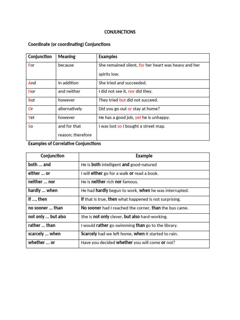 Conjunctions and Sample Sentences | PDF
