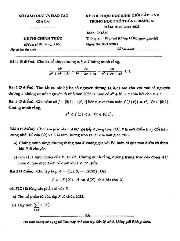 De Chon Hoc Sinh Gioi Toan THPT Cap Tinh Nam 2022 2023 So GDDT Gia Lai | PDF