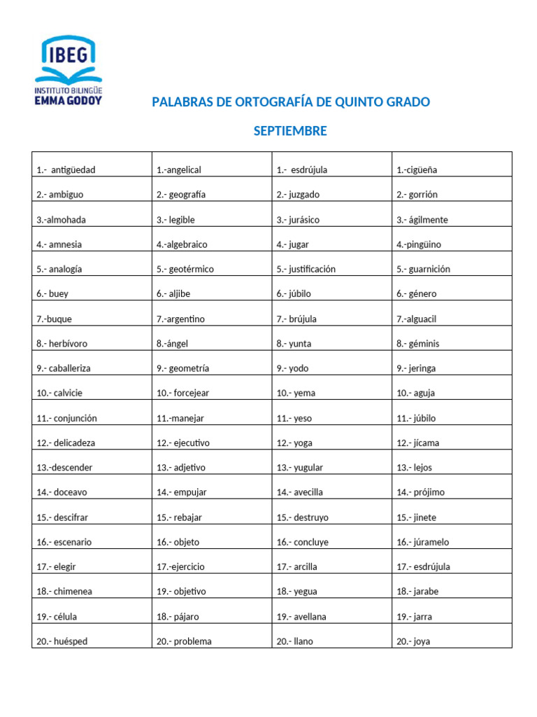 PALABRAS DE ORTOGRAFÍA SEPTIEMBRE 5to. GRADO | PDF