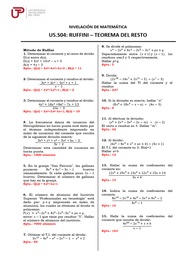 Practica - Ruffini Teorema Del Resto - División Algebraica Ii | PDF | División (Matemáticas ...