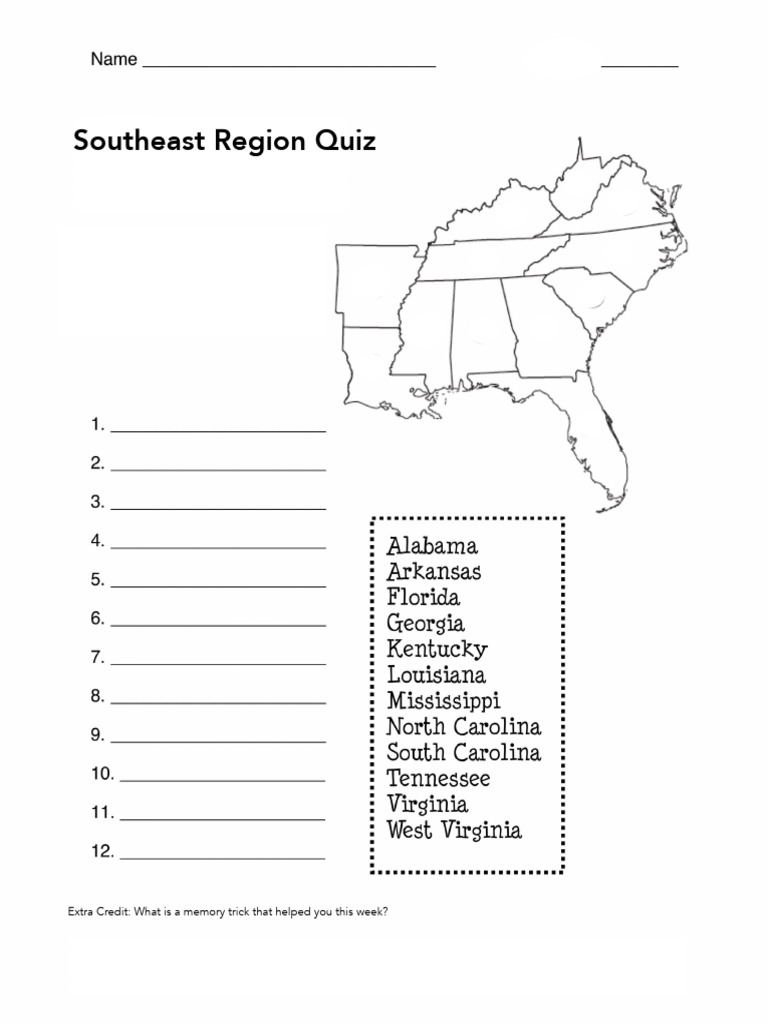 US Map Southeast Region QUIZ | PDF