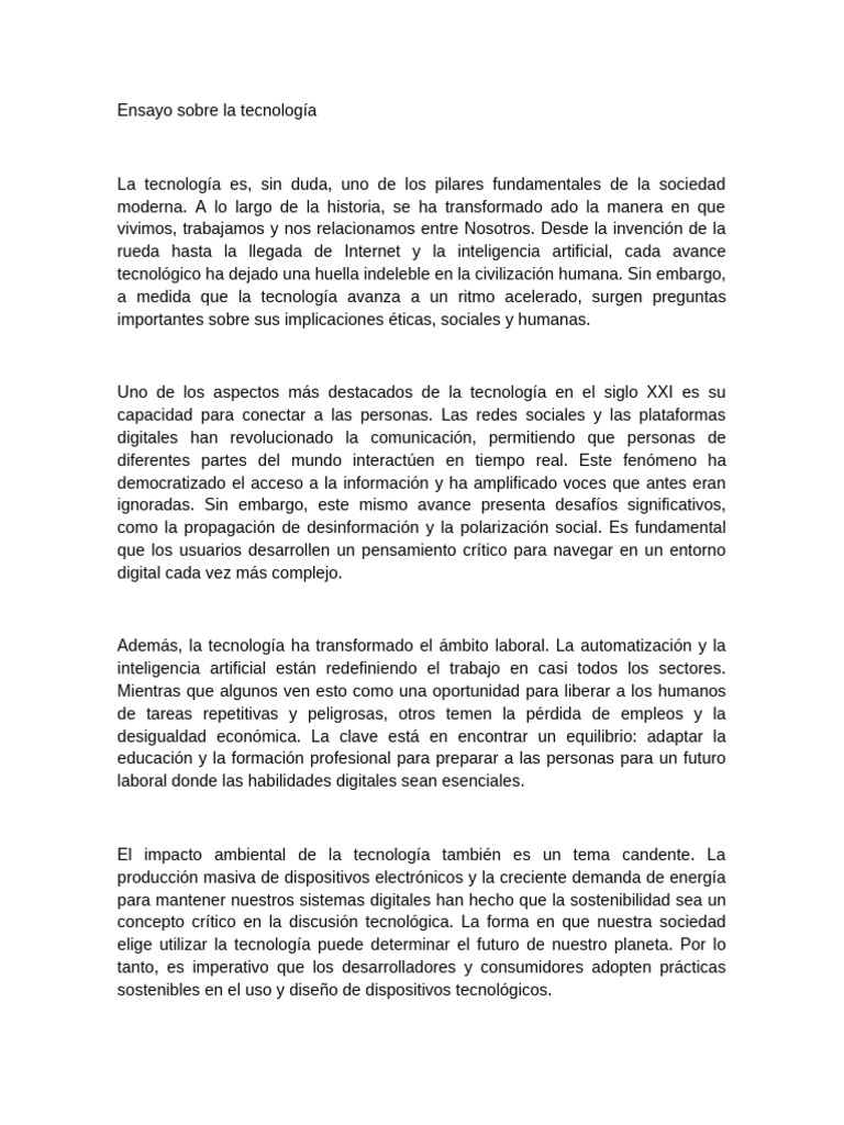 Ensayo Sobre La Tecnología | PDF | Inteligencia artificial | Inteligencia (IA) y semántica