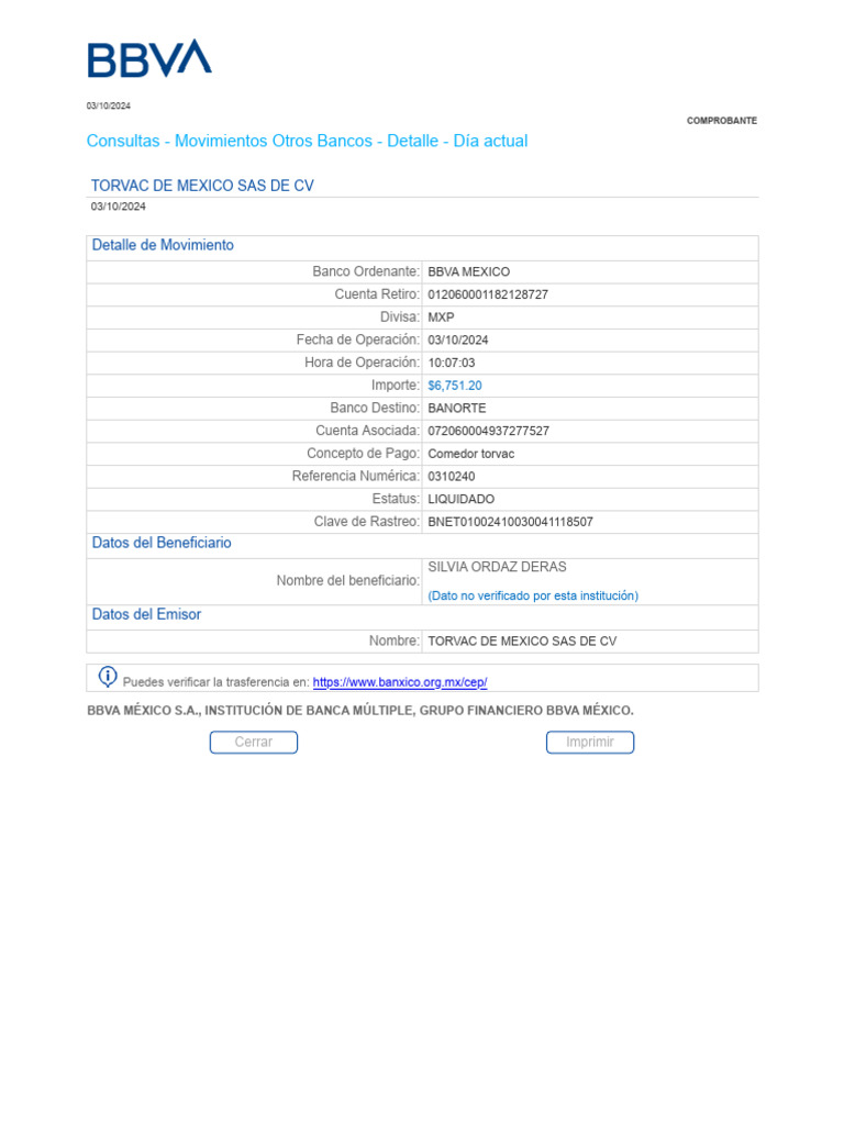 Comprobante de Transferencia BBVA a Banorte | PDF