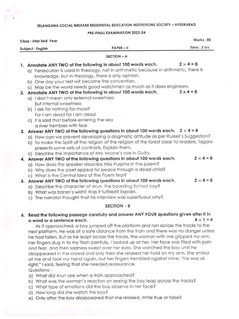 English Ii Year Pre Final Question Paper | PDF