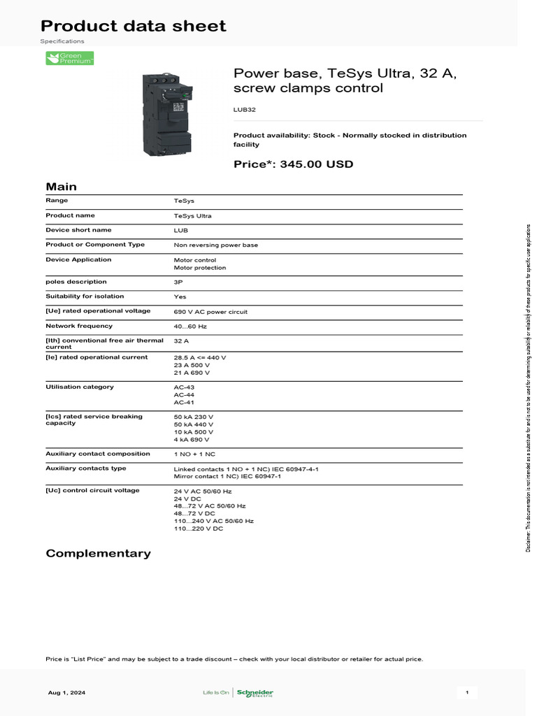 Schneider Electric TeSys Ultra Combination Motor Starter LUB32 | PDF ...