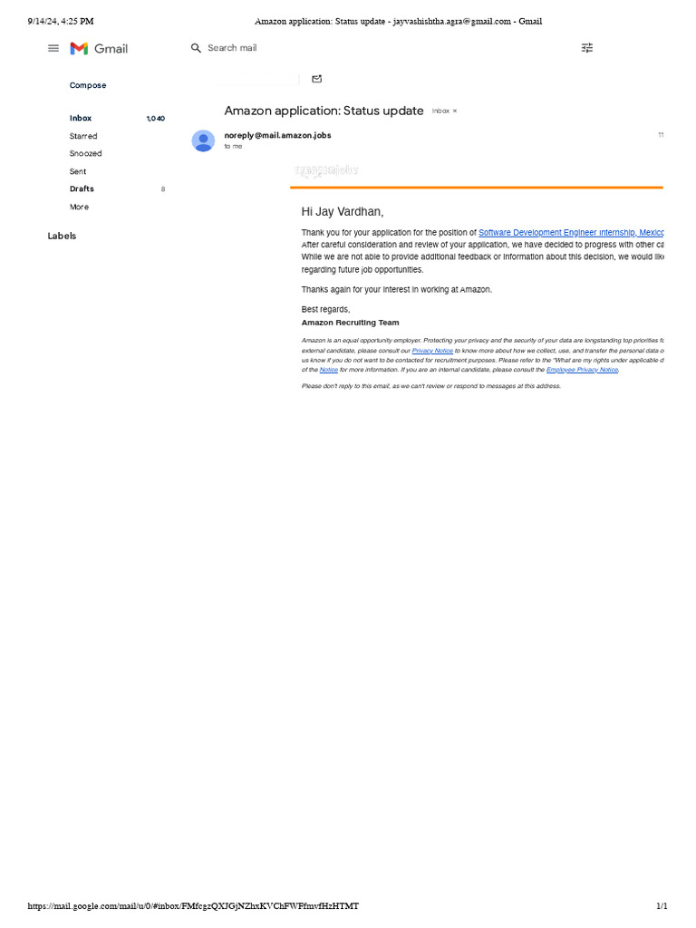 Amazon Application - Status Update - Jayvashishtha - Agra@gmail - Com ...