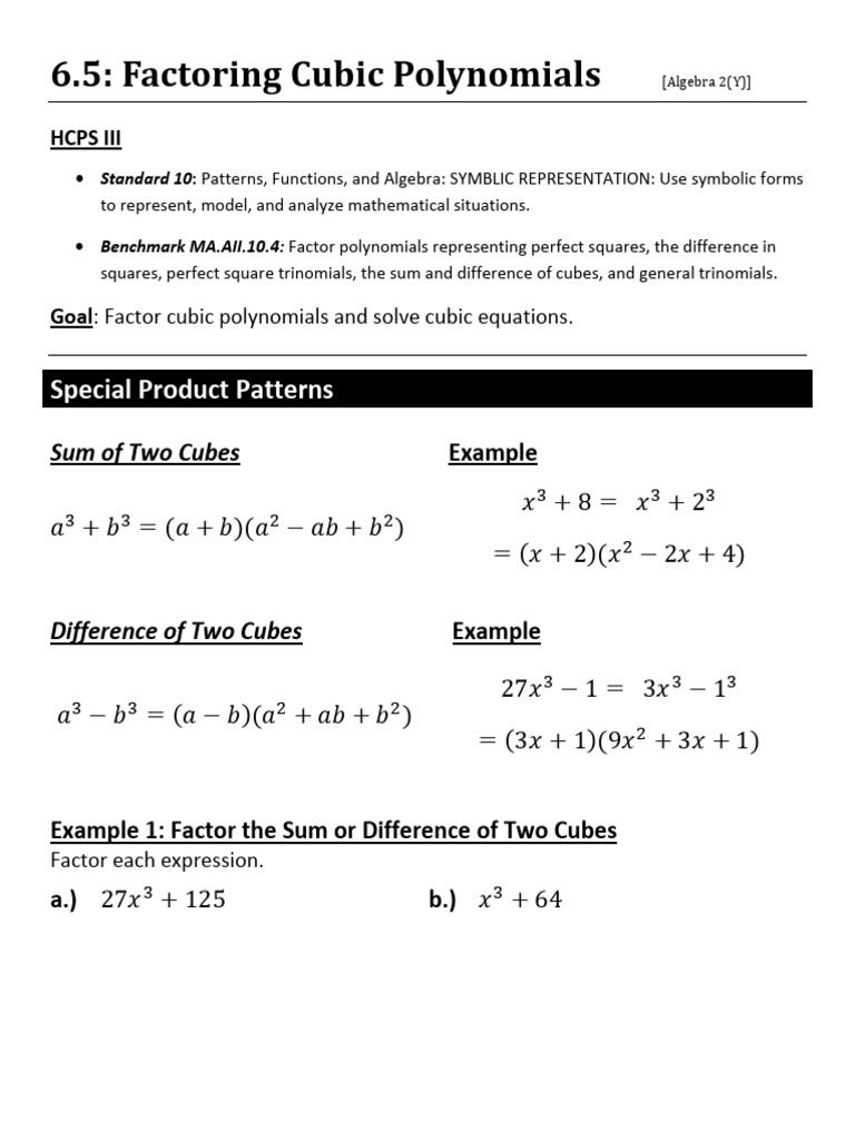 6.5: Factoring Cubic Polynomials: Special Product Patterns | PDF ...