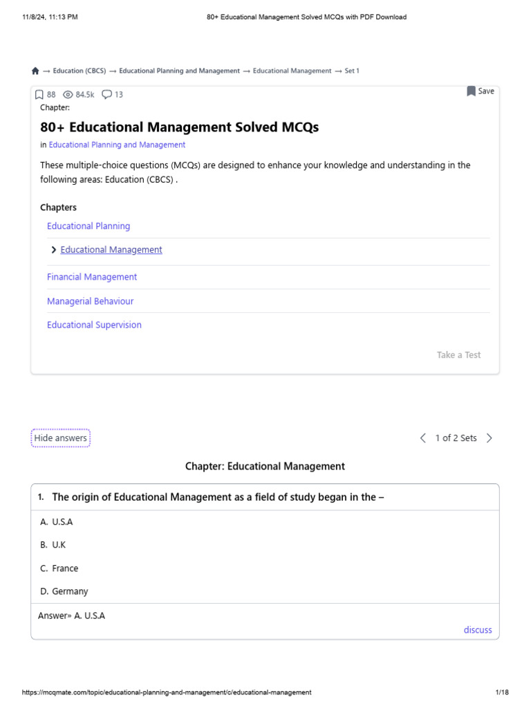 80+ Educational Management Solved MCQs With PDF Download | PDF | Multiple Choice