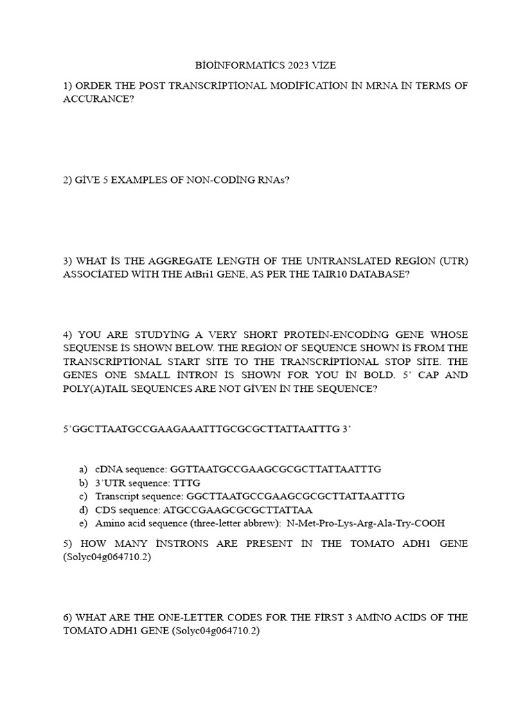 Bioinformatics Questions | PDF | Gene | Health Sciences