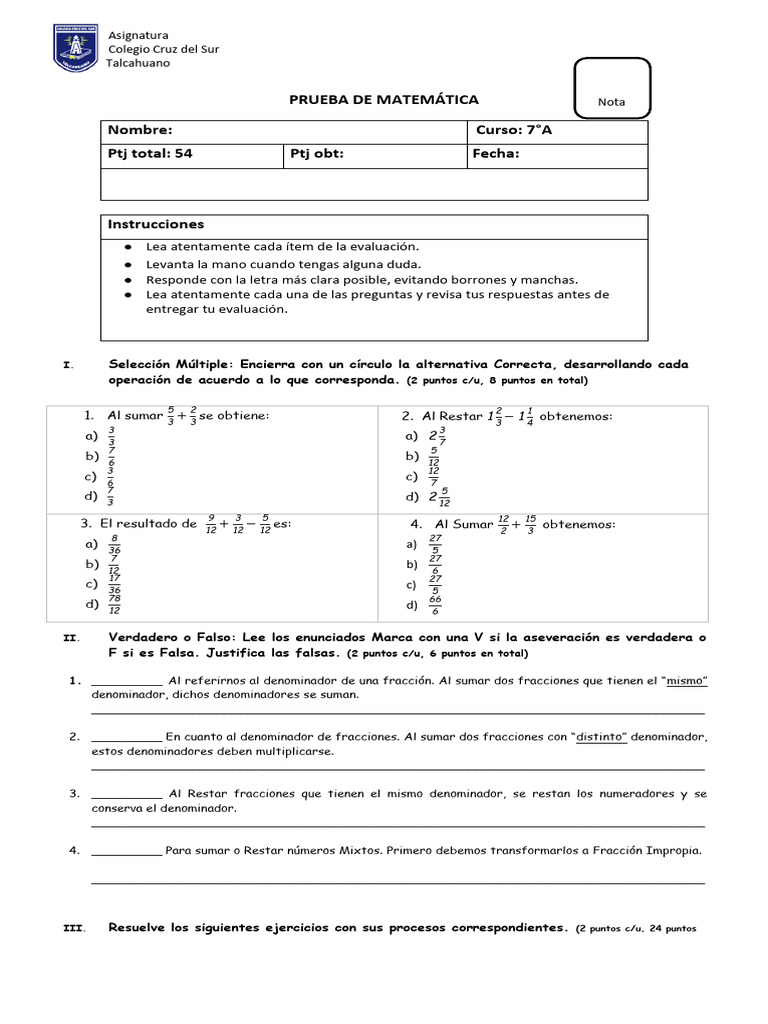 Evaluacion 04 - Matemática - Séptimo - Fracciones | PDF | Sustracción ...