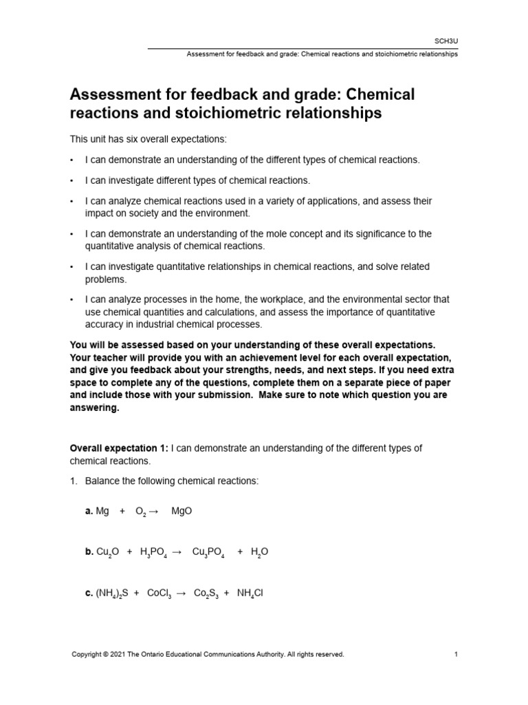 Sch3u 02 Assessment For Feedback A | PDF | Stoichiometry | Combustion