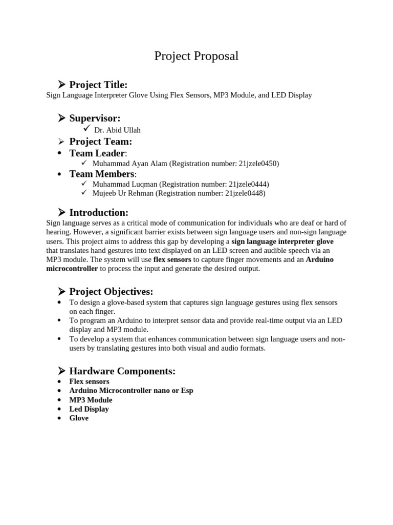 Fyp Proposal by Muhammad Ayan Alam and Team | PDF | Sign Language | Arduino