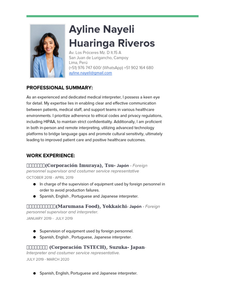 Ayline Nayeli Huaringa Riveros: Professional Summary | PDF | Language Interpretation