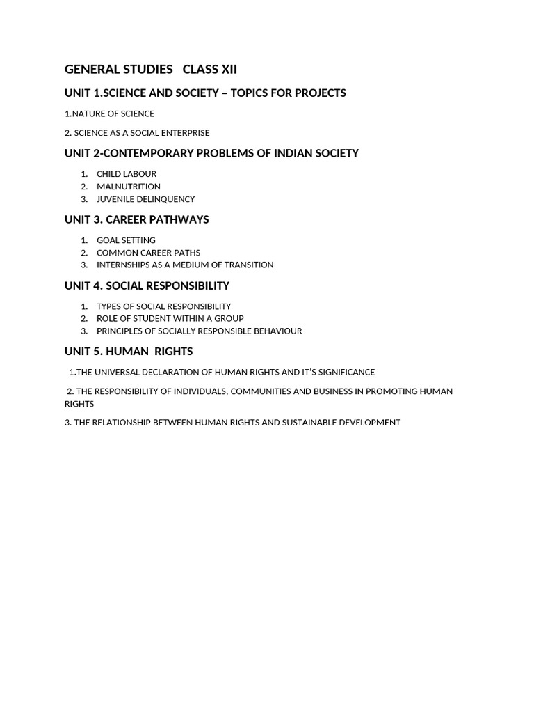 Class XII General Studies Topics Guide | PDF | Social Science
