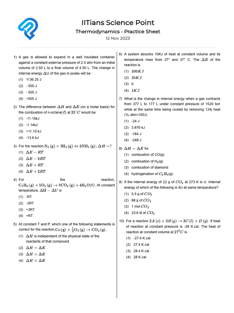Thermodynamics (Chemistry) - Practice Sheet | PDF | Chemistry | Quantity