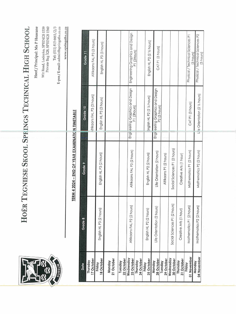 Term 4 Exam Assessment Timetable 2024 Grade 8 - 11 | PDF