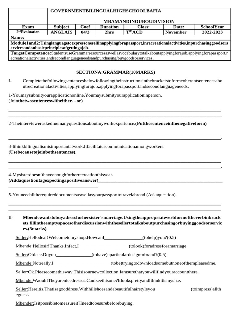 Bilingual High School English Exam 2023 | PDF | Career & Growth | Business