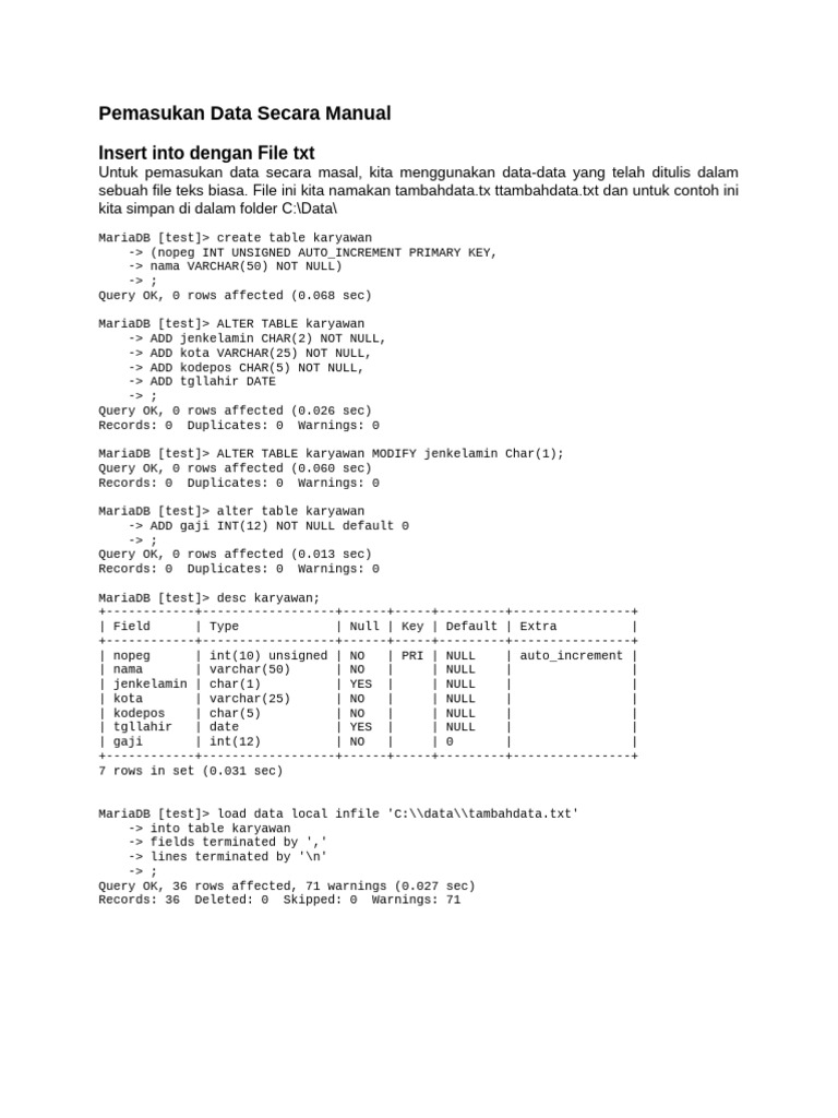 Pemasukan Data Secara Manual | PDF | Perangkat Lunak Manajemen Data | Sql