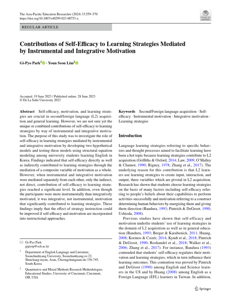 Contributions of Self-Efficacy To Learning Strategies Mediated by Instrumental and Integrative ...